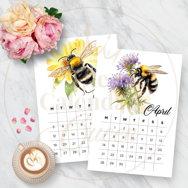 Watercolour Bee 2025 Printable Calendar Template INSTANT DOWNLOAD ...