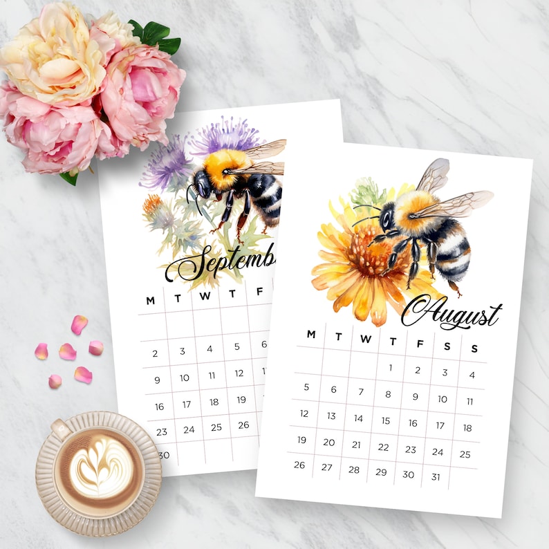 Plantilla de calendario imprimible de abejas de acuarela 2024 DESCARGA ...