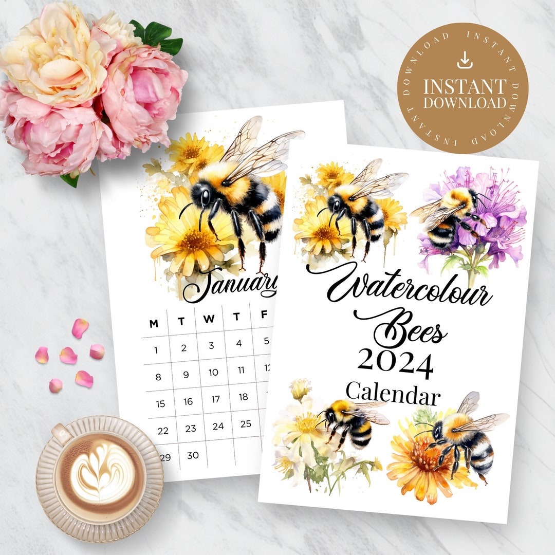 Plantilla de calendario imprimible de abejas de acuarela 2024 DESCARGA ...