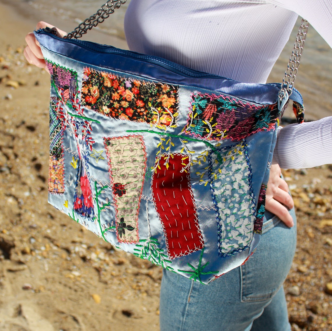 Unique Handmade Bag Inspired by Japanese Boro Art, Satin Boho Tote Bag ...