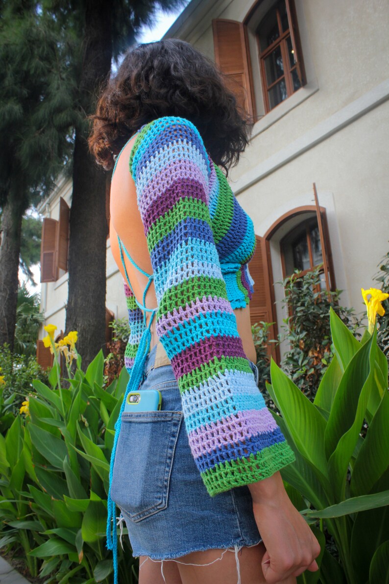 Long Sleeve Butterfly Top, Adjustable Crochet Top, Colorful Handmade ...