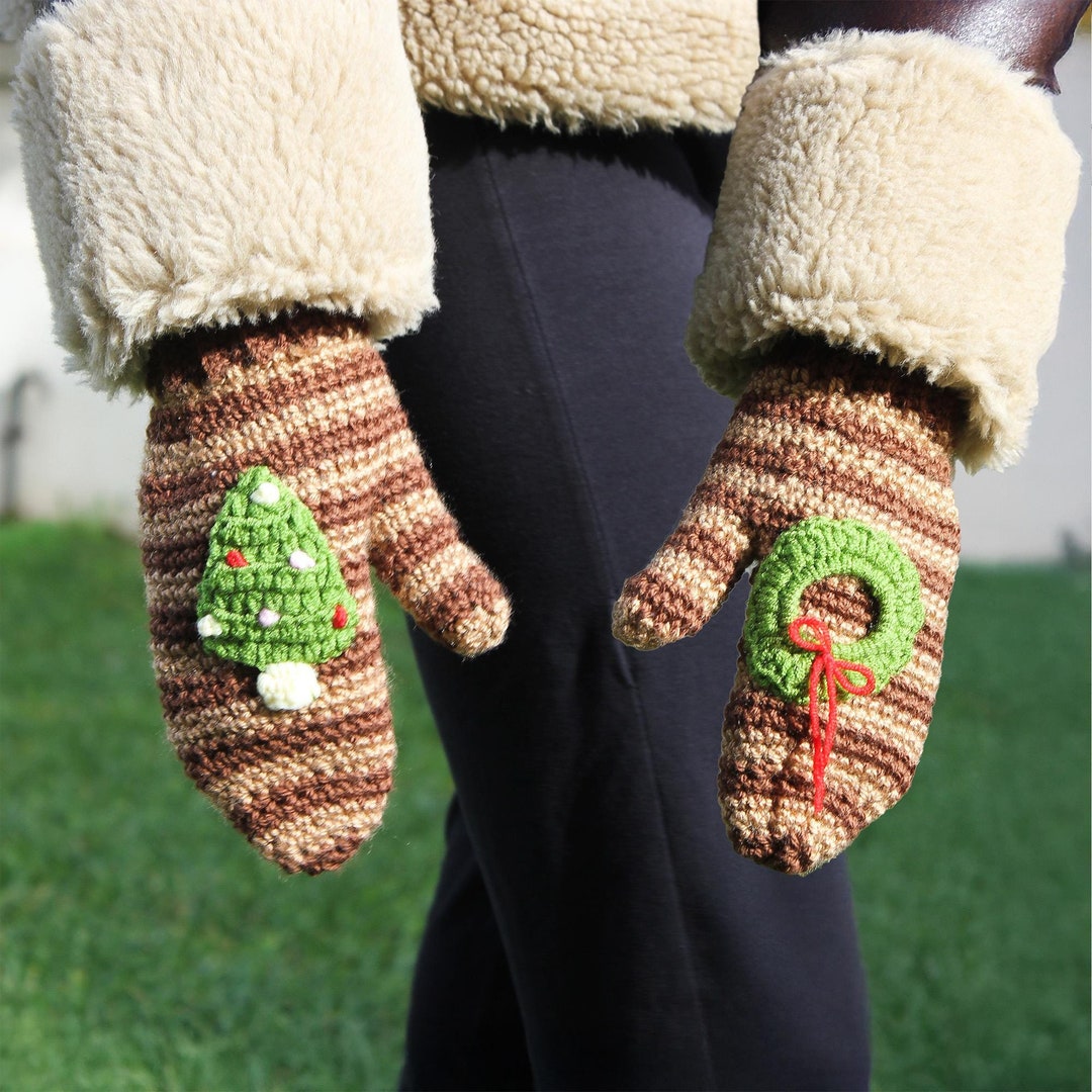 Full Finger Crochet Mittens With Christmas Tree Design, Handmade Brown ...