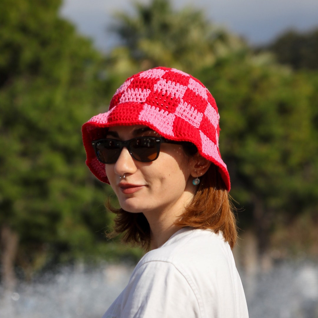 Crochet Bucket Hat, Checkered Summer Hats for Woman, Cute Crochet Sun ...