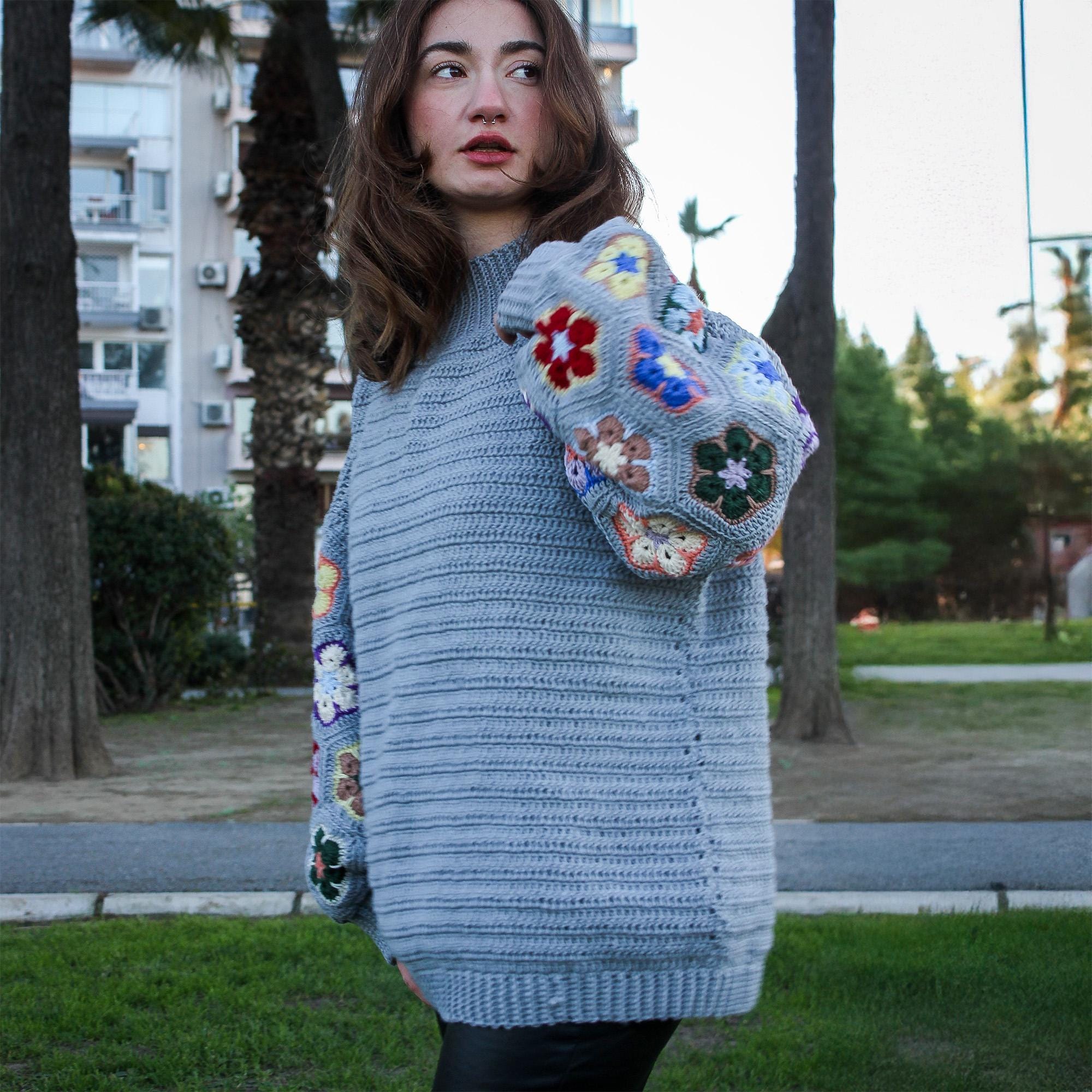 Crochet African Flower Oversized Sweater, Chunky Floral Sweatshirt ...