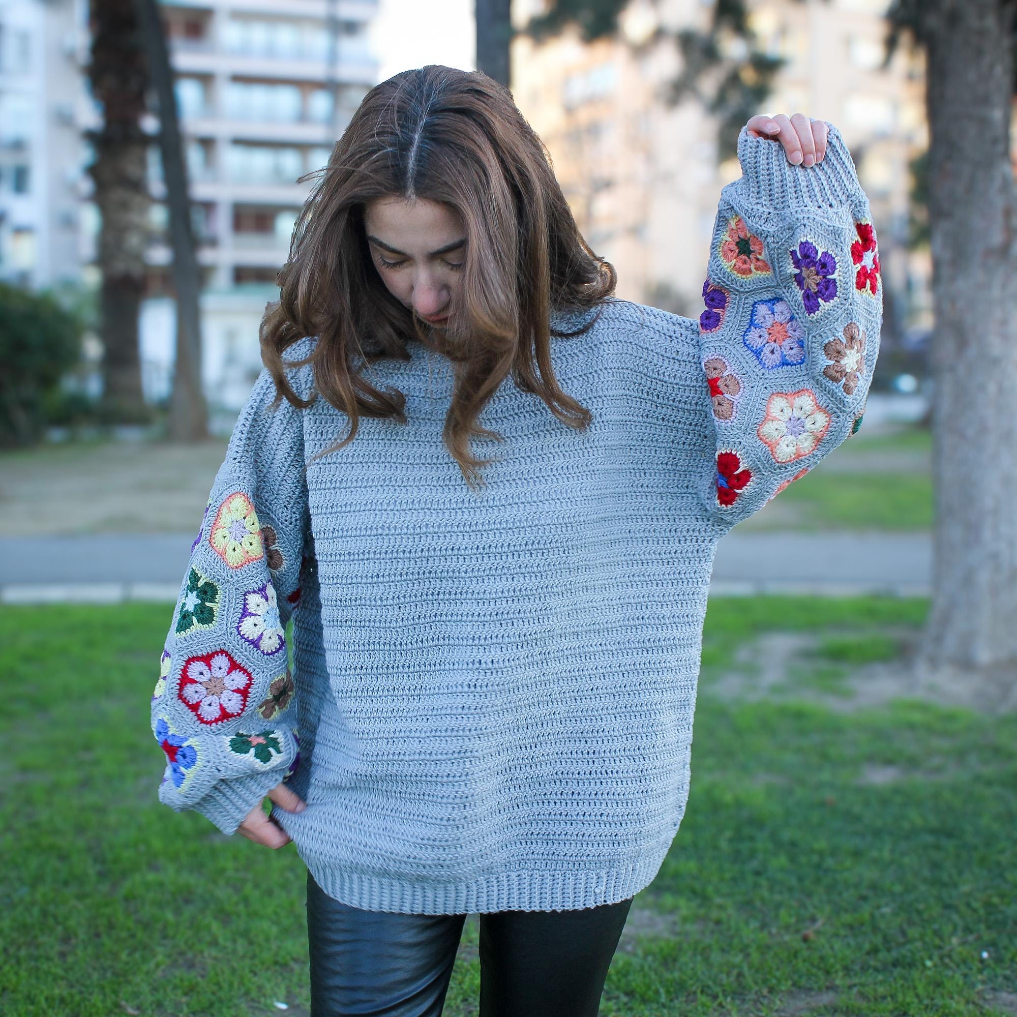 Crochet African Flower Oversized Sweater, Chunky Floral Sweatshirt ...