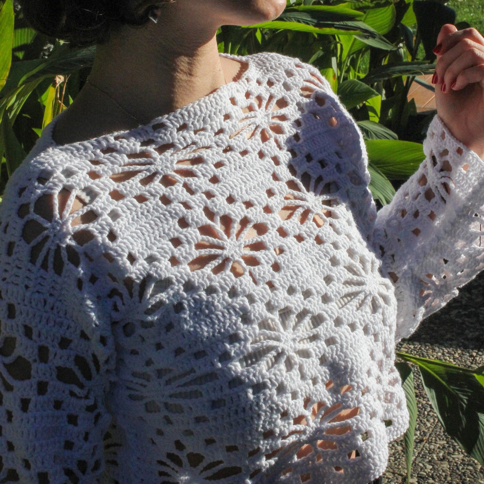 Women White Crochet Mesh Top, Fishnet Mesh Blouse, Patterned Crop Top ...