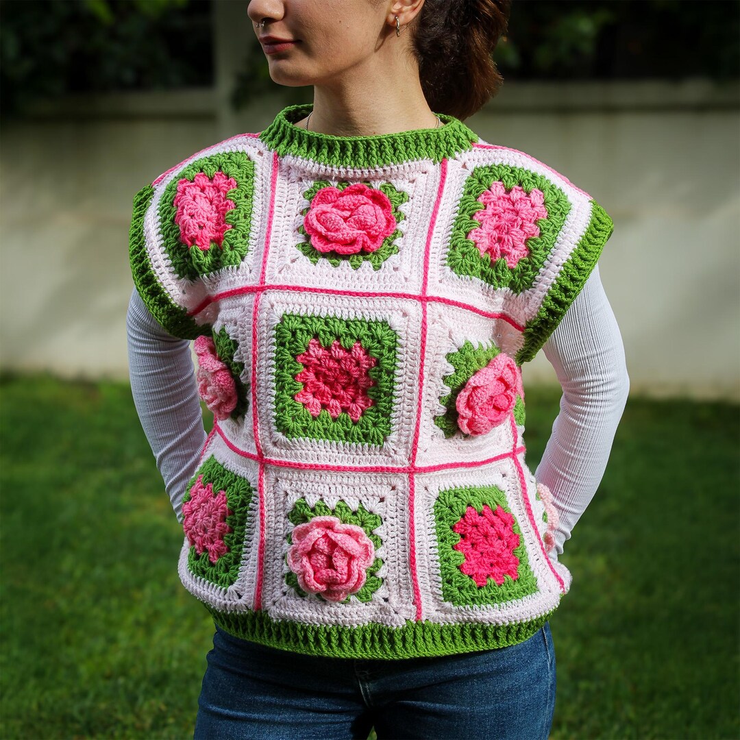 Crochet Oversize Rose Vest, Pink Granny Square Vest, Handmade Rose ...
