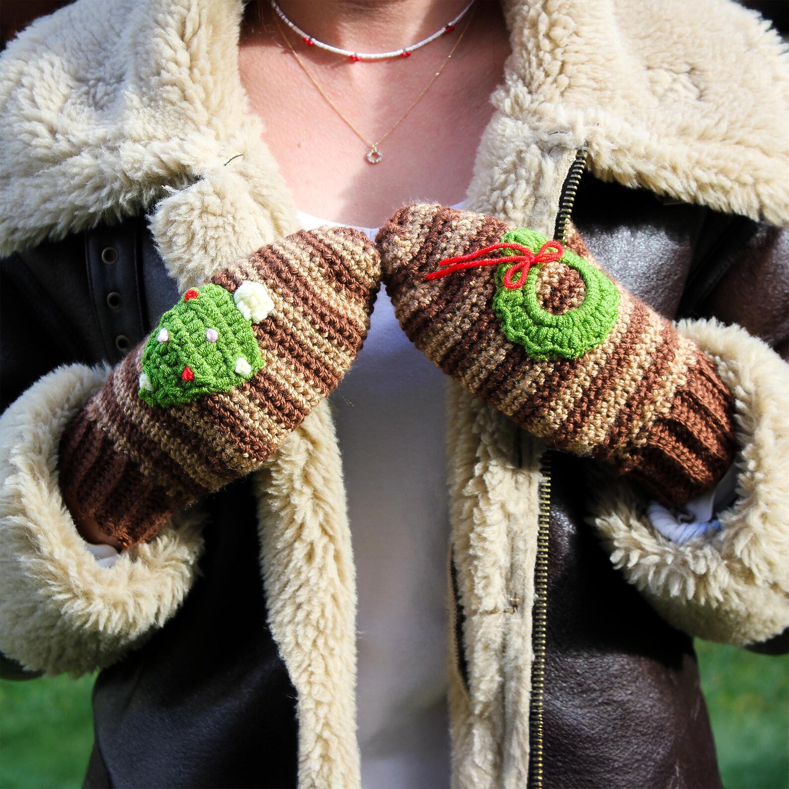 Full Finger Crochet Mittens With Christmas Tree Design, Handmade Brown ...