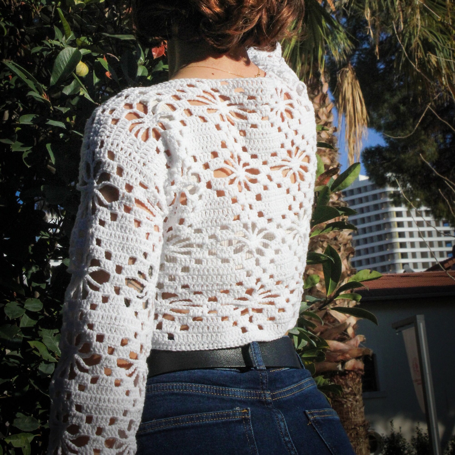 Women White Crochet Mesh Top, Fishnet Mesh Blouse, Patterned Crop Top ...