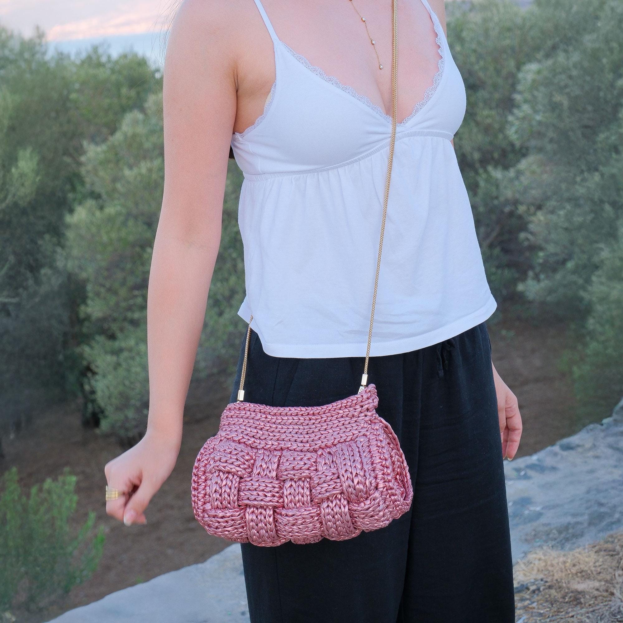 Rose Pink Woven Chain Shoulder Bag | Handmade | Basket Weave ...