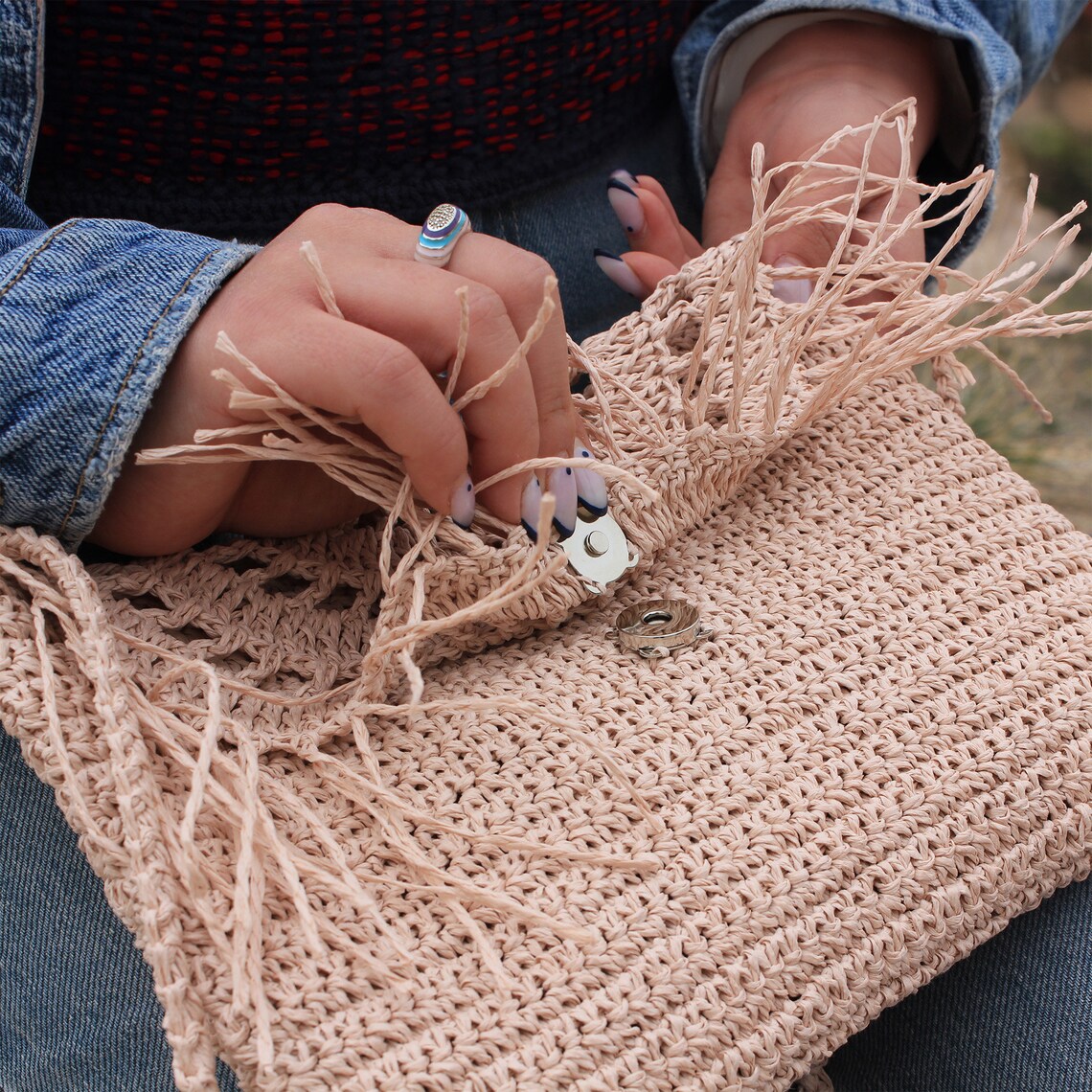Crochet Raffia Clutch, Straw Sling Bag, Mini Raffia Tassel Handbag ...