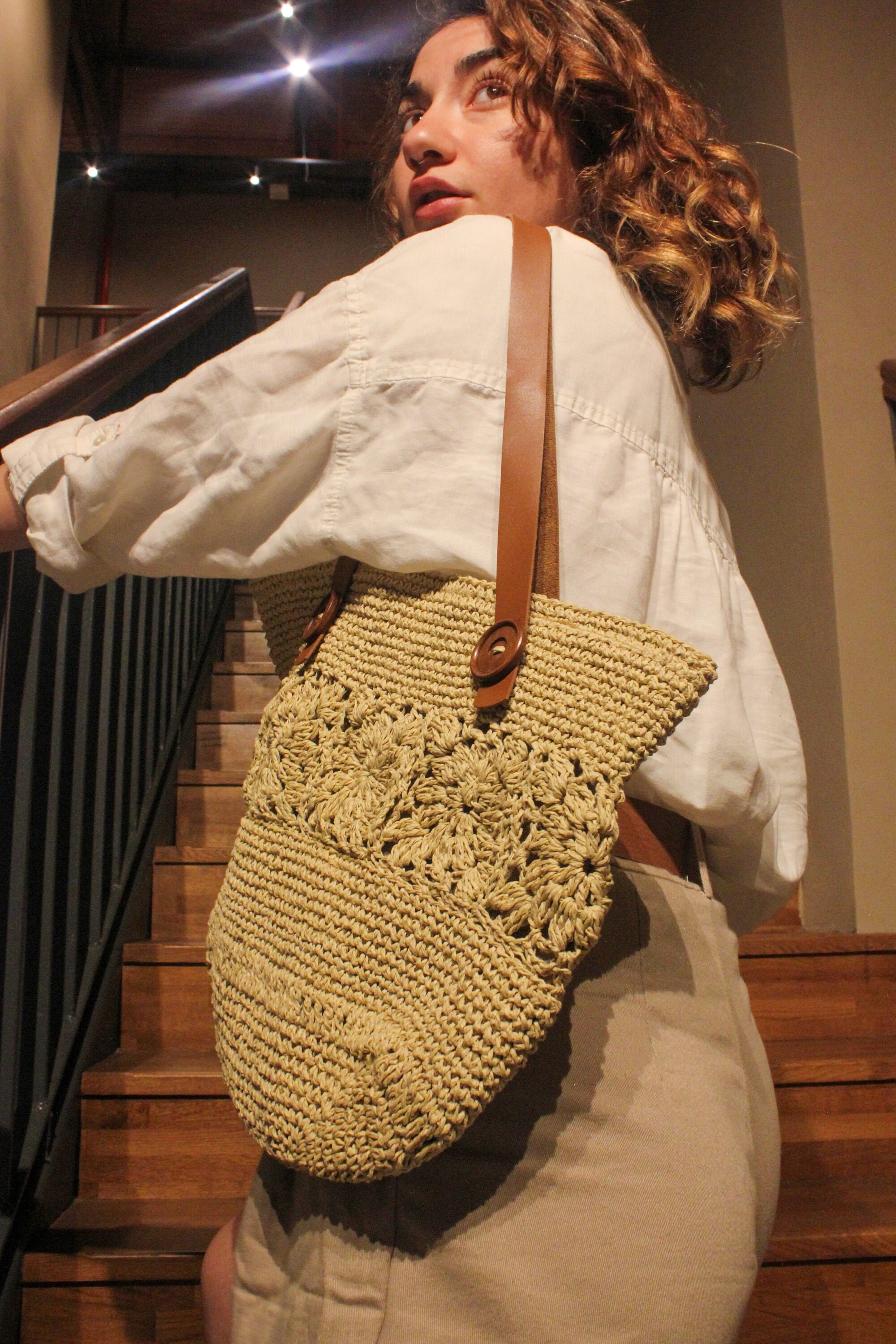 Paper String Knitted Bag, Eco-friendly Compartment Hand Knitted Tan Bag ...