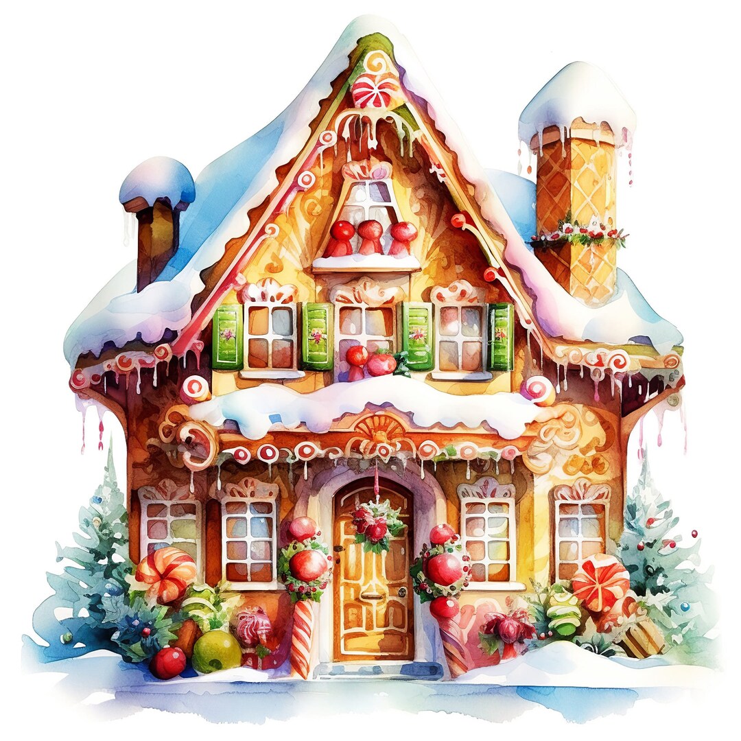 12 JPG Christmas Gingerbread House, Watercolour Christmas Clipart ...