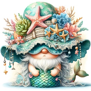 11 JPG Watercolor Sea Gnome, Funny Gnome, Mermaid Gnome, Elf Clipart ...