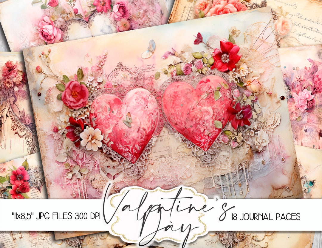 Junk Journal Digital, Hearts and Roses, Valentines Clipart, Scrapbook ...