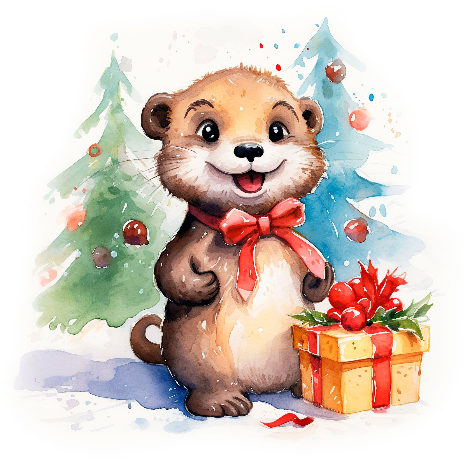 19 JPG Christmas Otter, Watercolour Christmas Clipart, Winter Clipart ...