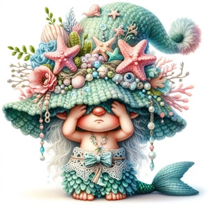 11 JPG Watercolor Sea Gnome, Funny Gnome, Mermaid Gnome, Elf Clipart ...