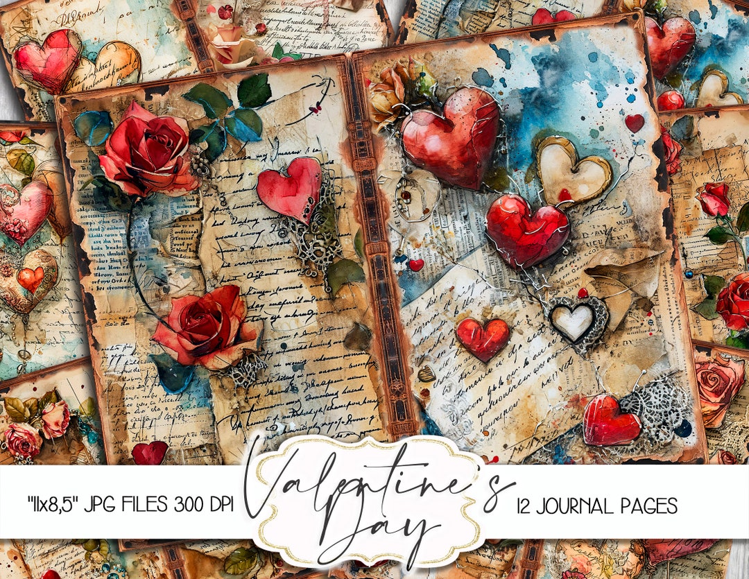 Junk Journal Digital, Hearts and Roses, Valentines Clipart, Scrapbook ...