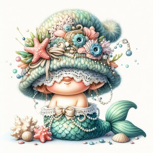 11 JPG Watercolor Sea Gnome, Funny Gnome, Mermaid Gnome, Elf Clipart ...