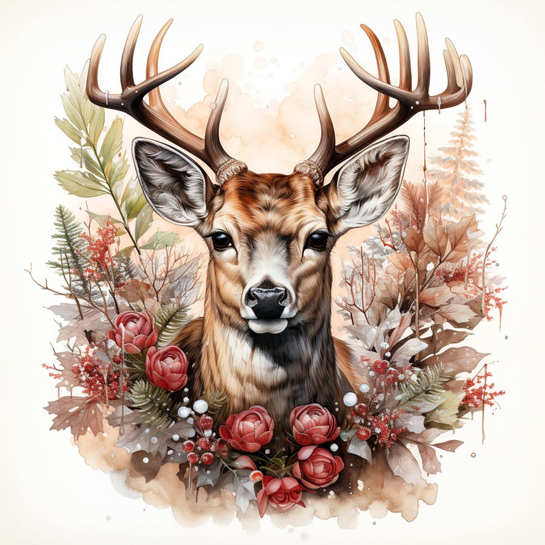 15 JPG Christmas Deer, Watercolour Christmas Clipart, Winter Clipart ...