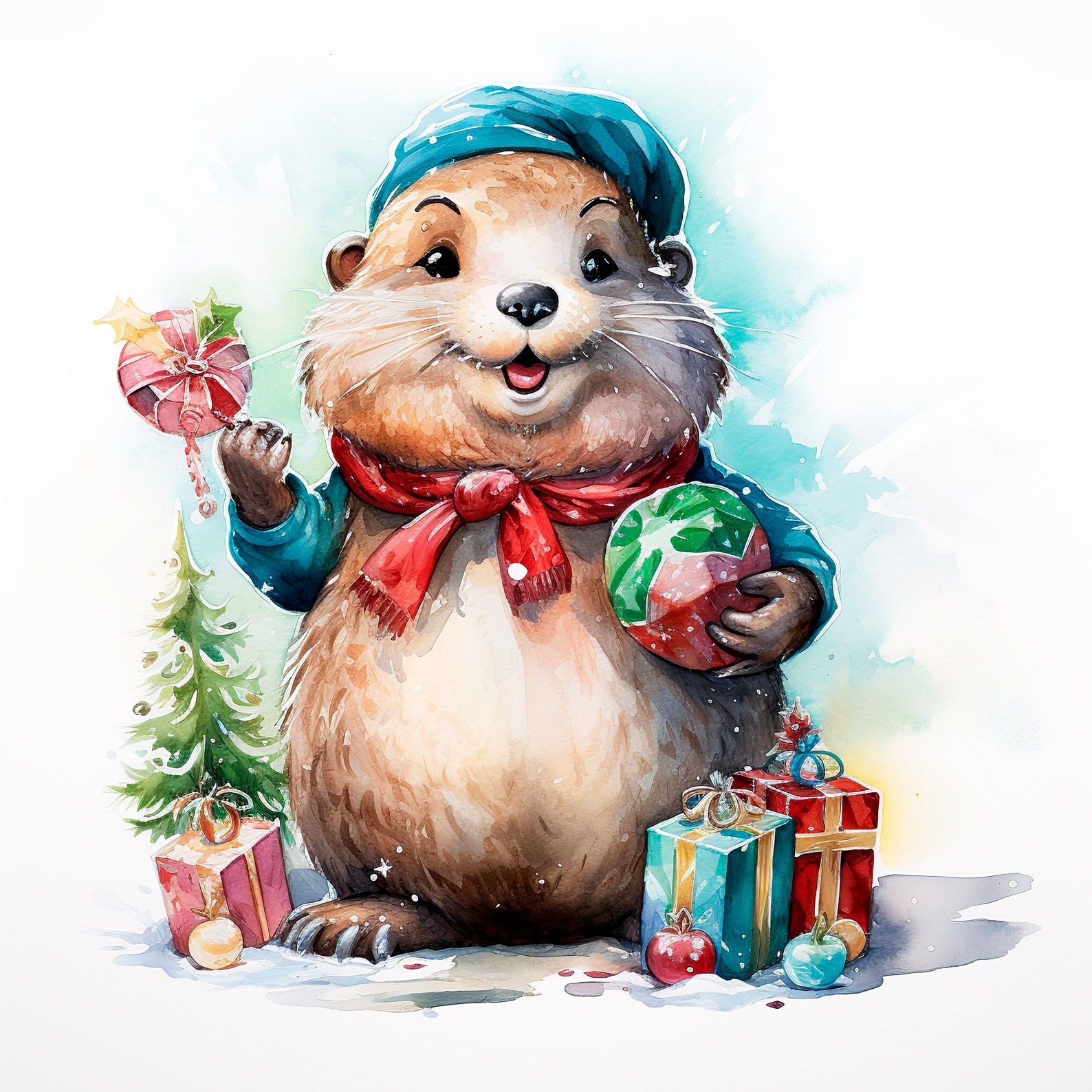 19 JPG Christmas Otter, Watercolour Christmas Clipart, Winter Clipart ...