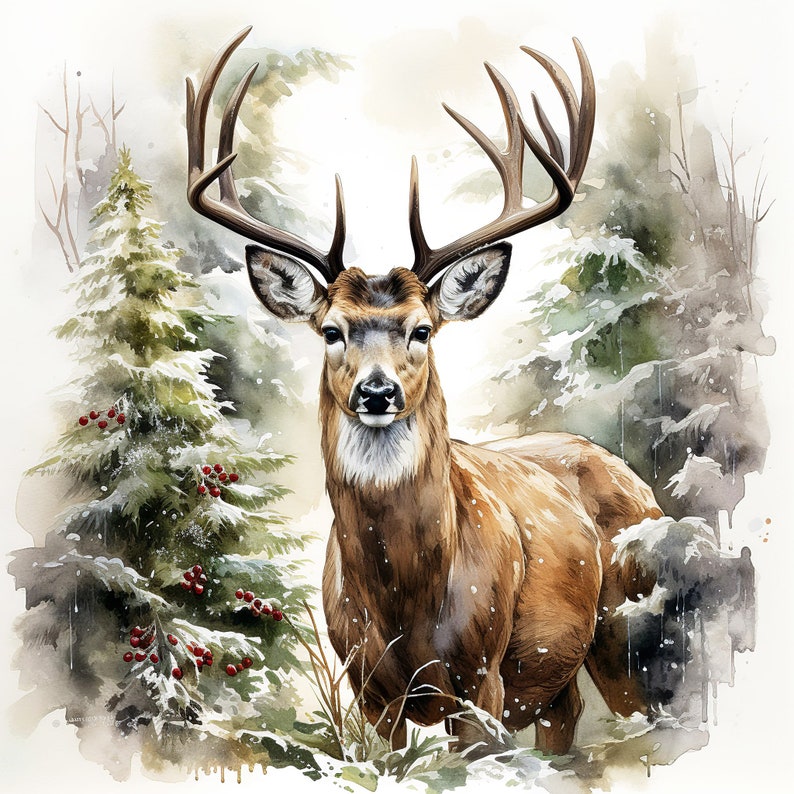 15 JPG Christmas Deer, Watercolour Christmas Clipart, Winter Clipart ...