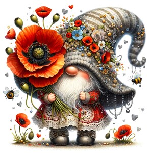 20 JPG Watercolor Poppy Gnome, Garden Gnome, Spring Gnome, Summer Gnome ...