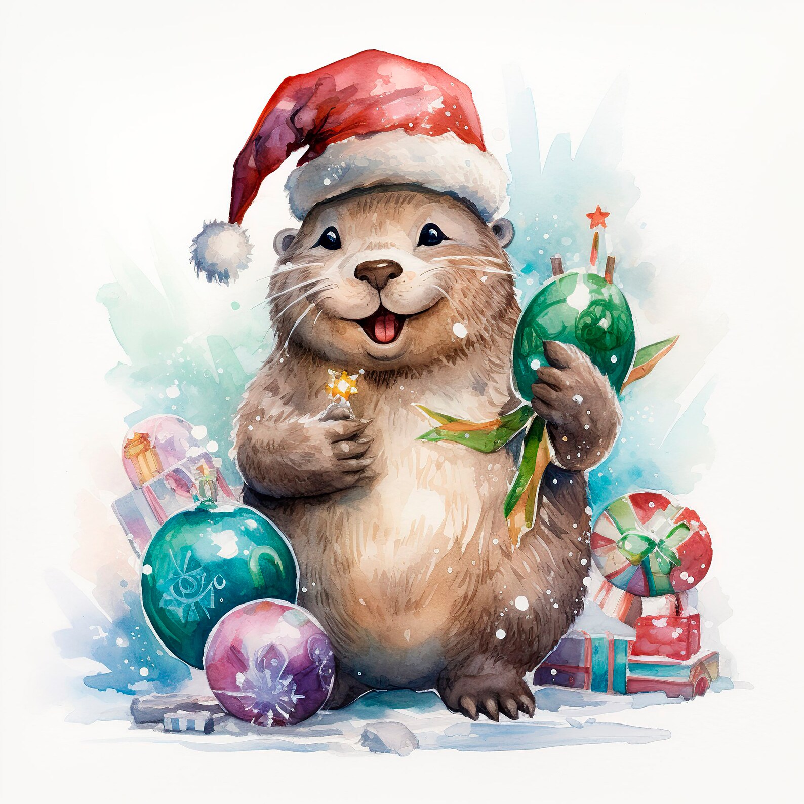 19 JPG Christmas Otter, Watercolour Christmas Clipart, Winter Clipart ...
