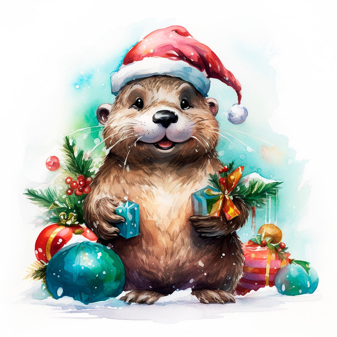 19 JPG Christmas Otter, Watercolour Christmas Clipart, Winter Clipart ...