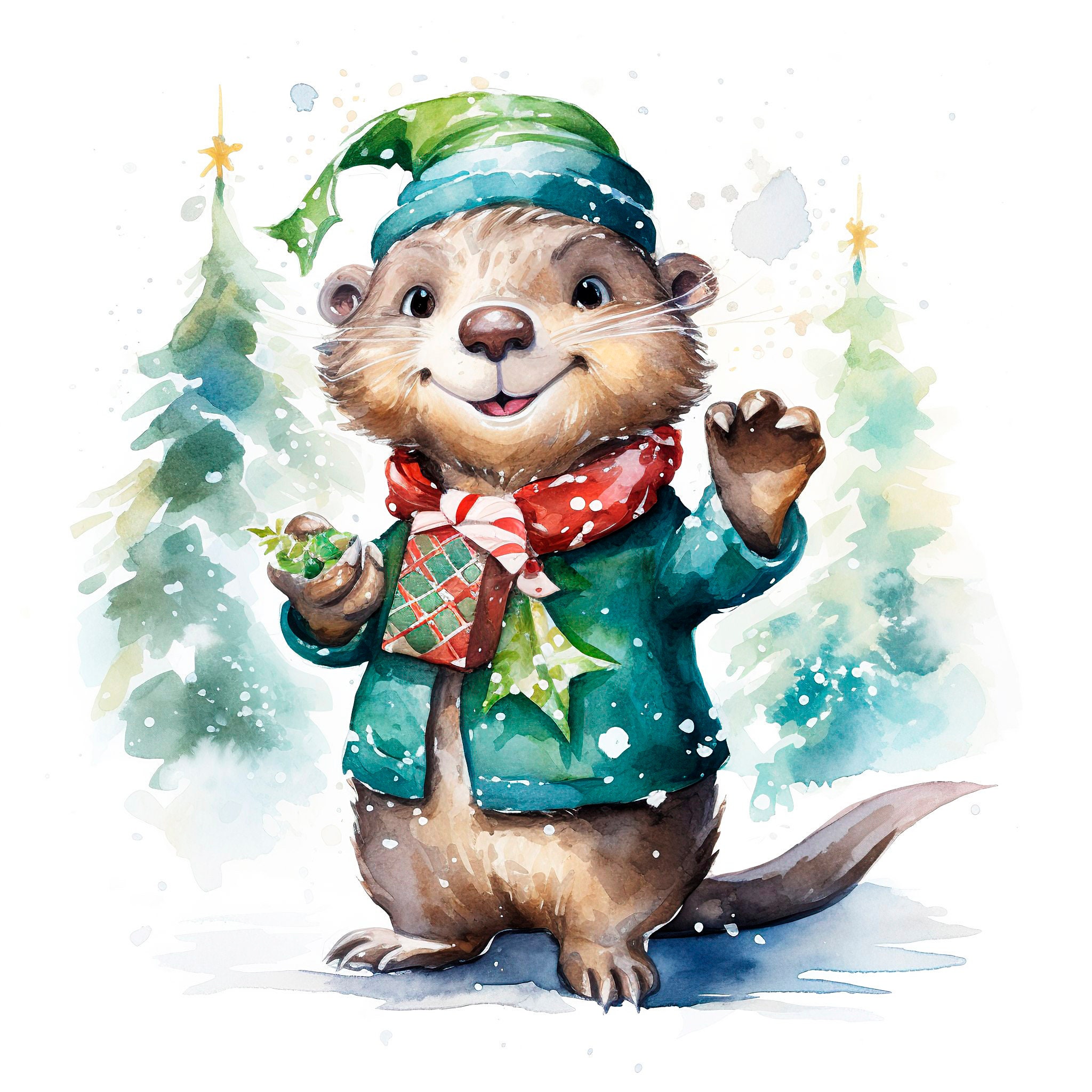 19 JPG Christmas Otter, Watercolour Christmas Clipart, Winter Clipart ...