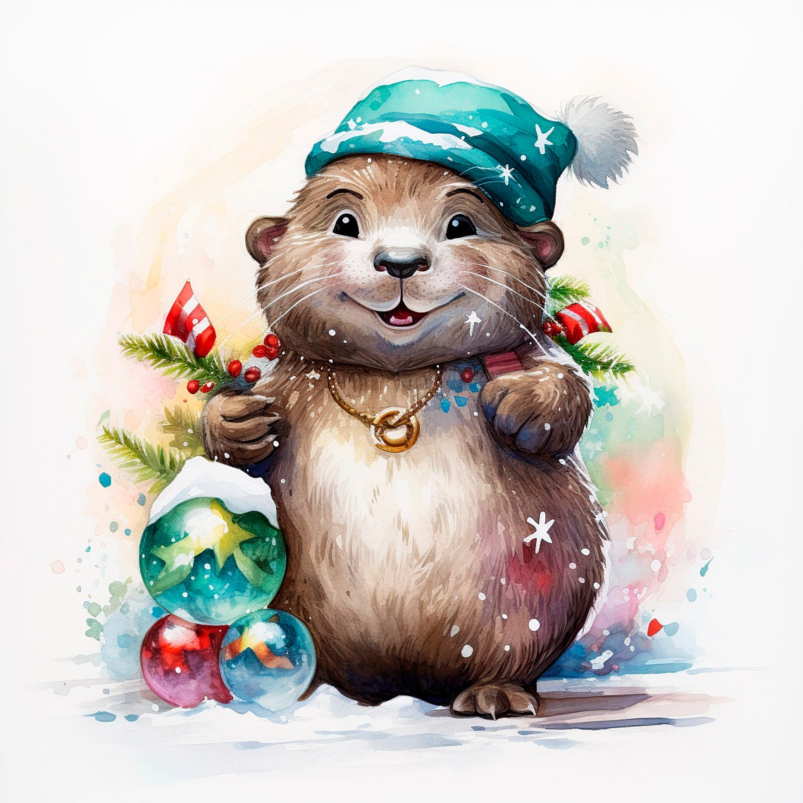 19 JPG Christmas Otter, Watercolour Christmas Clipart, Winter Clipart ...