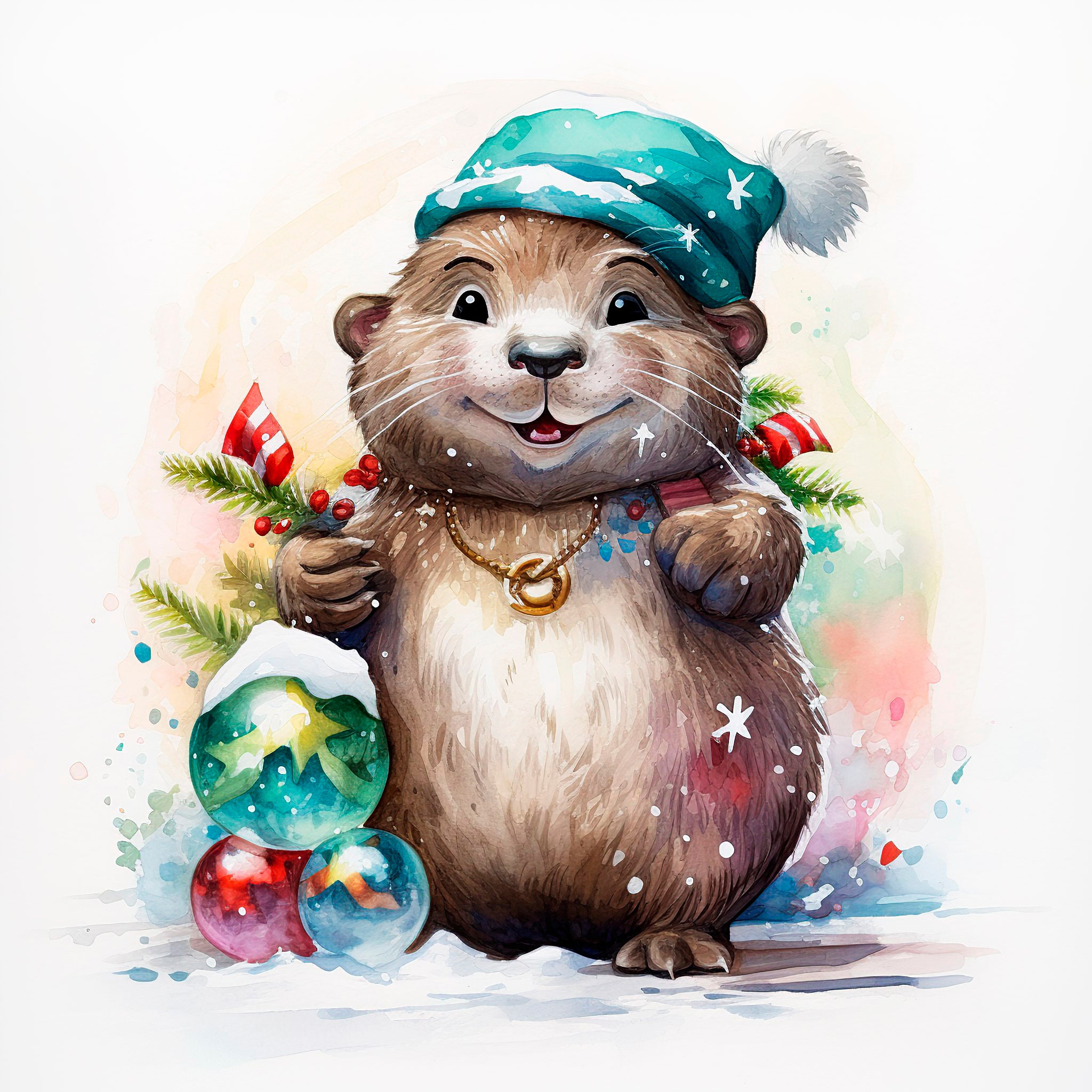 19 JPG Christmas Otter, Watercolour Christmas Clipart, Winter Clipart ...