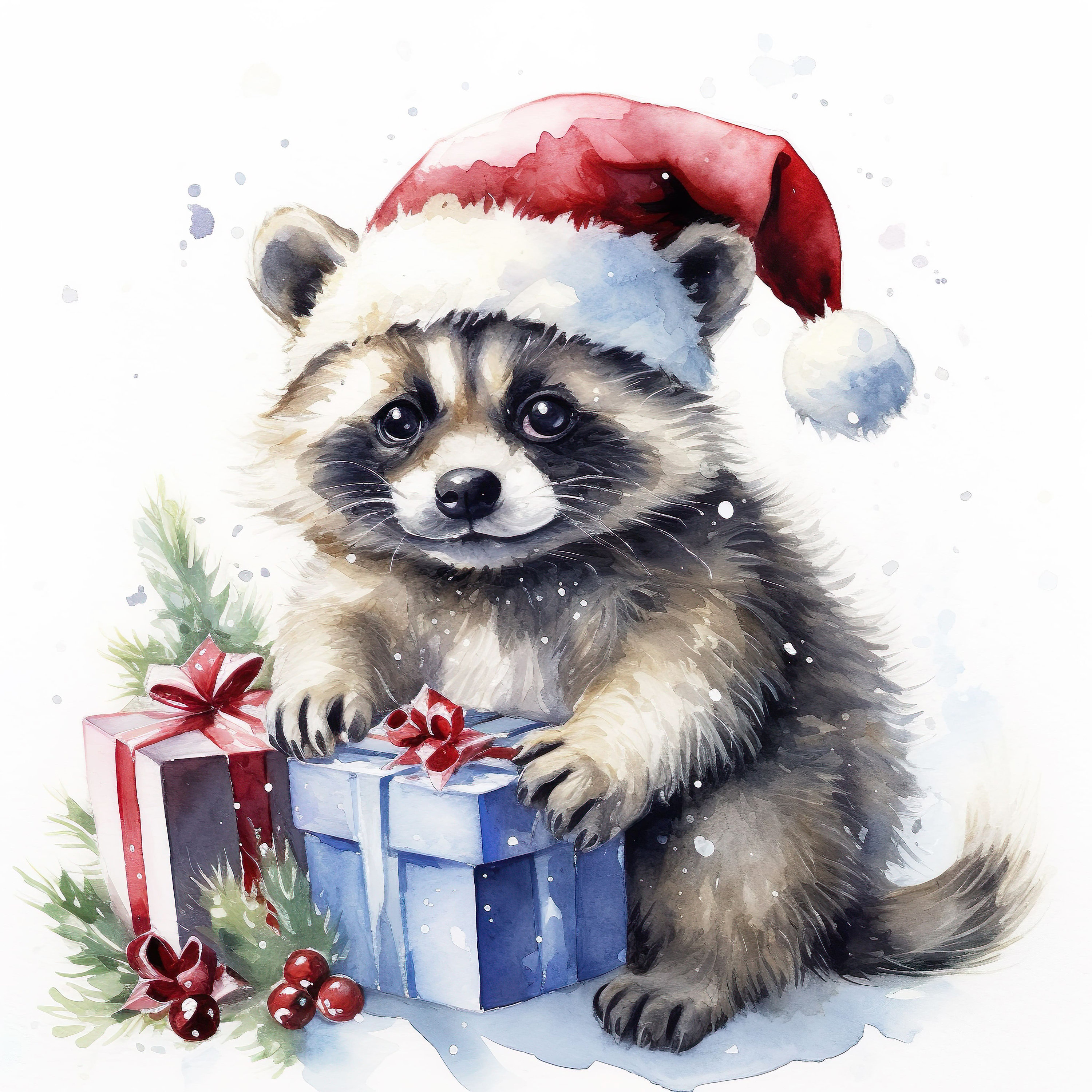 16 JPG Christmas Raccoon, Watercolor Animals, Watercolour Christmas ...