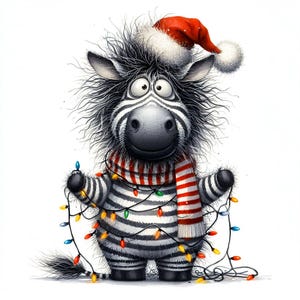 11 JPG Cute Zebra Christmas Art Print, Festive Zebra Illustration With ...