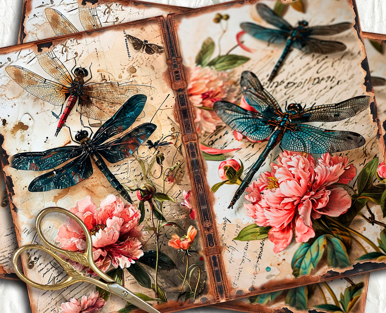 Dragonflies Clipart, Junk Journal Digital, Watercolor Flowers, Digital Papers, Scrapbook Kit ...