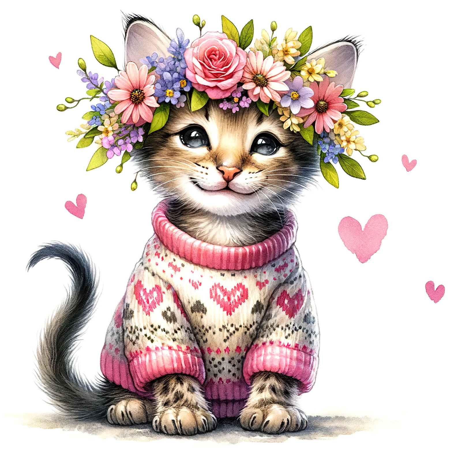 18 JPG Watercolor Valentines Cat Clipart, Funny Cat, Spring Clipart ...