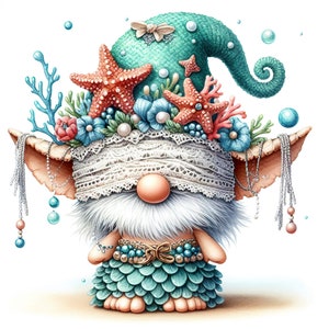 11 JPG Watercolor Sea Gnome, Funny Gnome, Mermaid Gnome, Elf Clipart ...