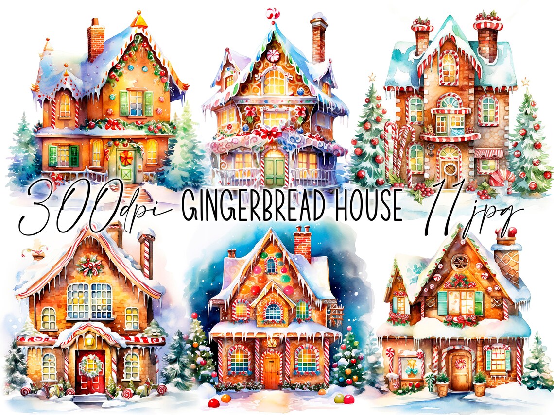 11 JPG Gingerbread House Watercolour Christmas Clipart - Etsy