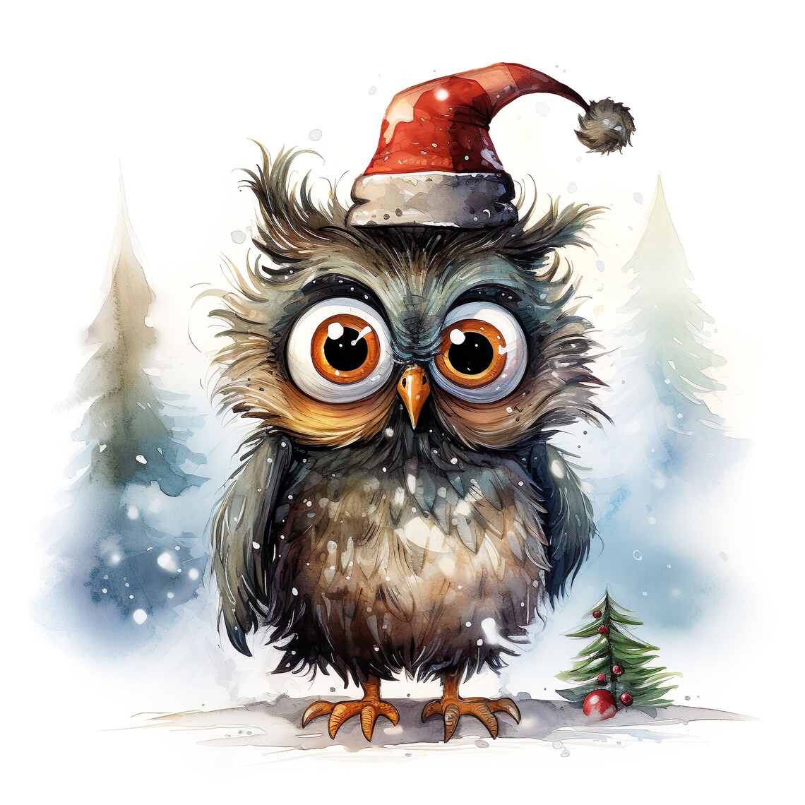 15 JPG Christmas Owl, Watercolour Christmas Clipart, Winter Clipart ...