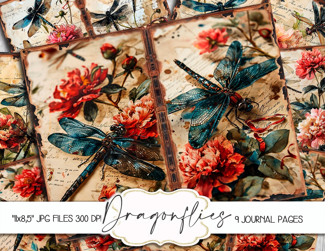 Dragonflies Clipart, Junk Journal Digital, Watercolor Flowers, Digital Papers, Scrapbook Kit ...