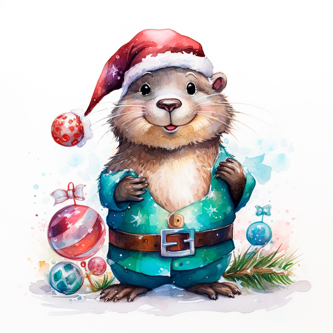 19 JPG Christmas Otter, Watercolour Christmas Clipart, Winter Clipart ...
