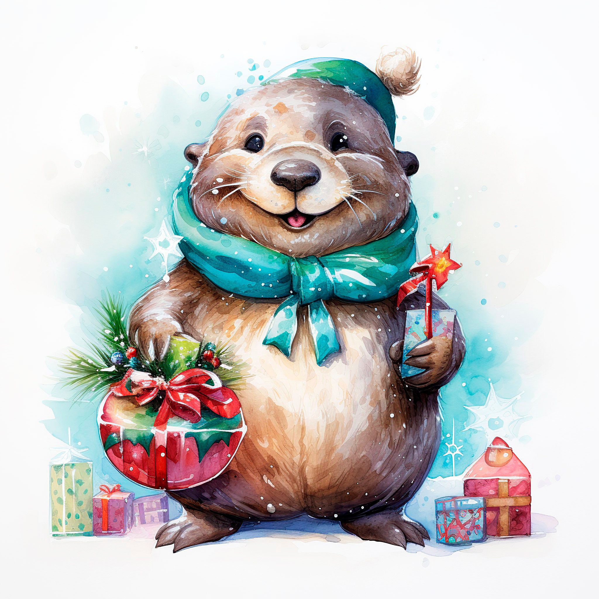 19 JPG Christmas Otter, Watercolour Christmas Clipart, Winter Clipart ...