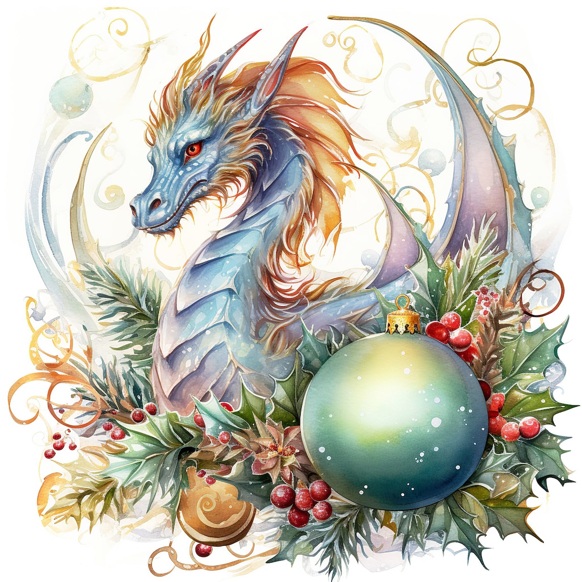 18 JPG Christmas Dragon, Watercolour Christmas Clipart, Dragon Clipart ...