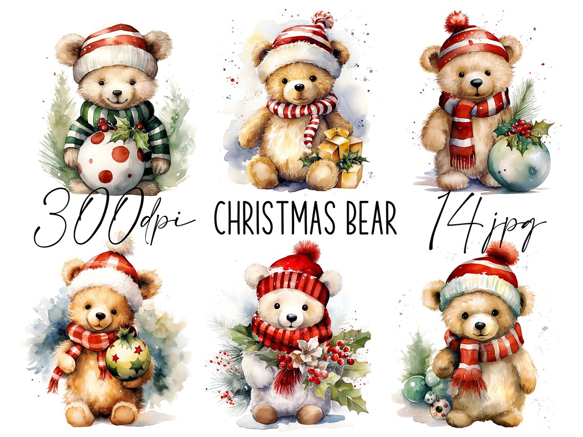 14 JPG Christmas Bear, Watercolour Christmas Clipart, Christmas Bundle ...