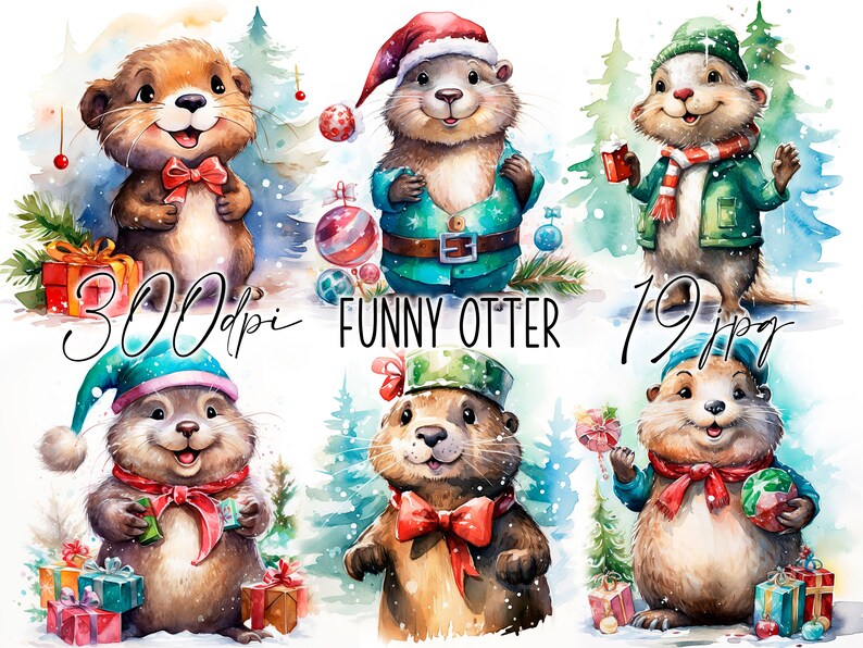 19 JPG Christmas Otter, Watercolour Christmas Clipart, Winter Clipart ...