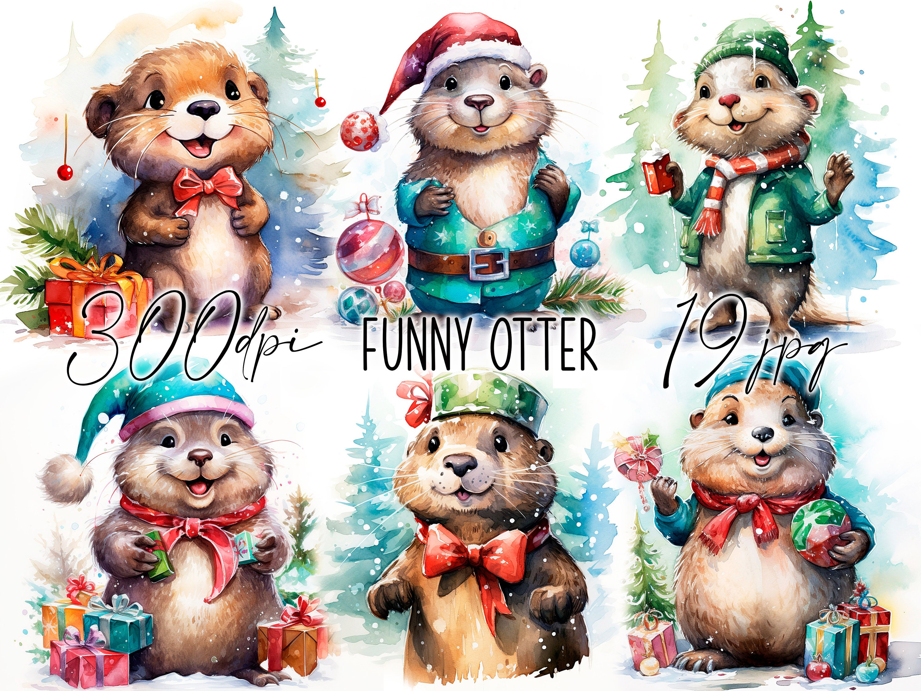 19 JPG Christmas Otter, Watercolour Christmas Clipart, Winter Clipart ...