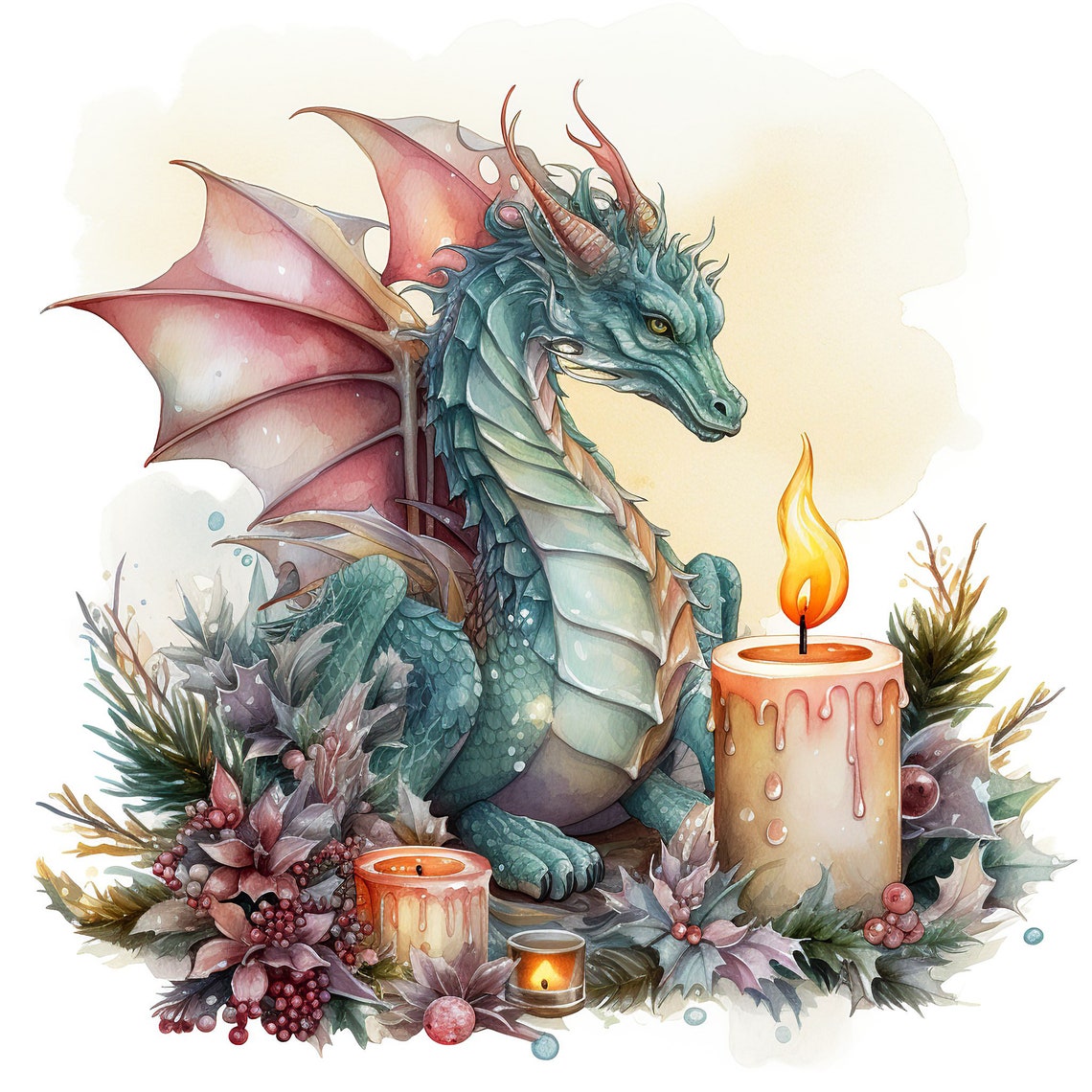 18 JPG Christmas Dragon, Watercolour Christmas Clipart, Dragon Clipart ...