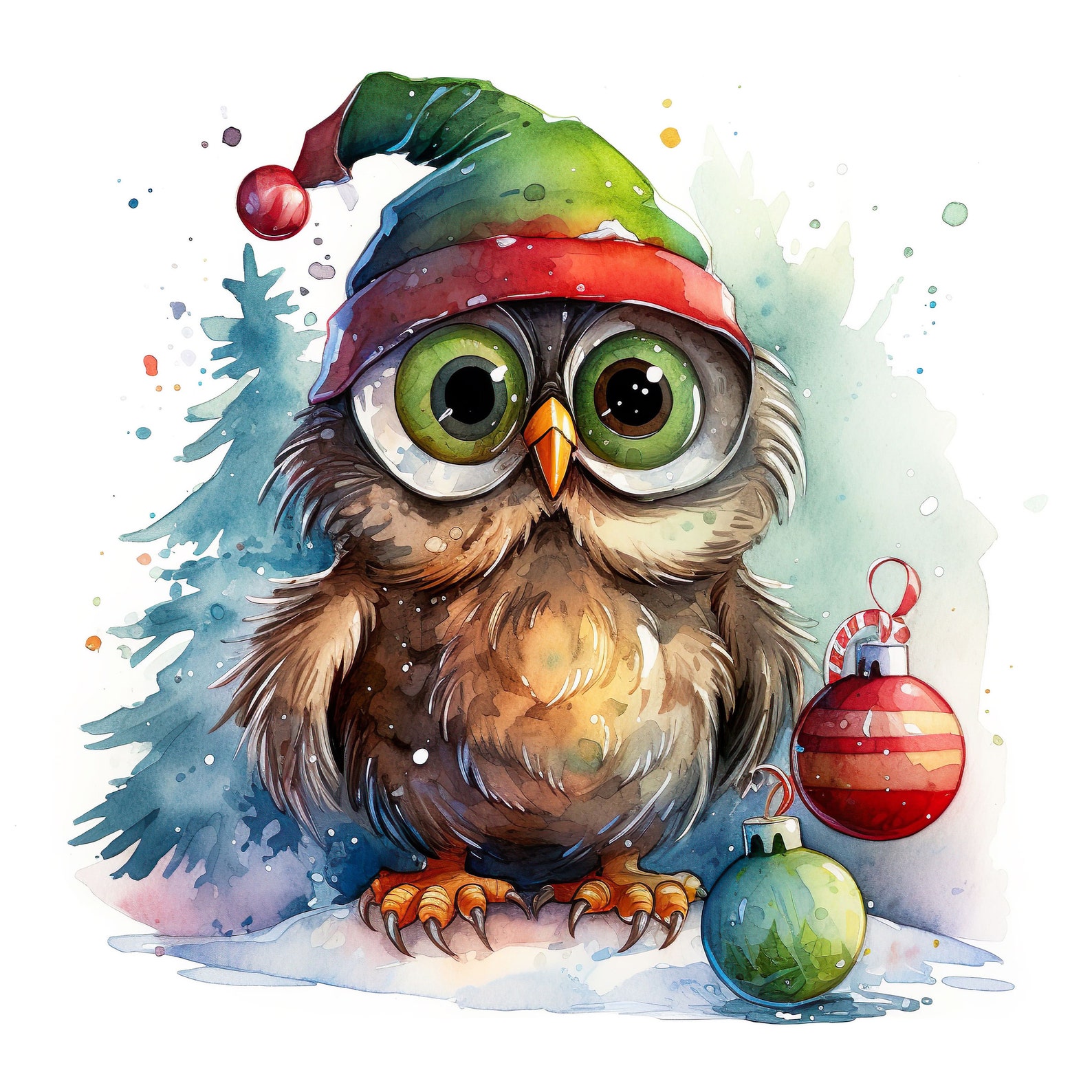15 JPG Christmas Owl, Watercolour Christmas Clipart, Winter Clipart ...