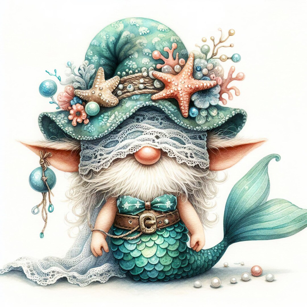 11 JPG Watercolor Sea Gnome, Funny Gnome, Mermaid Gnome, Elf Clipart ...