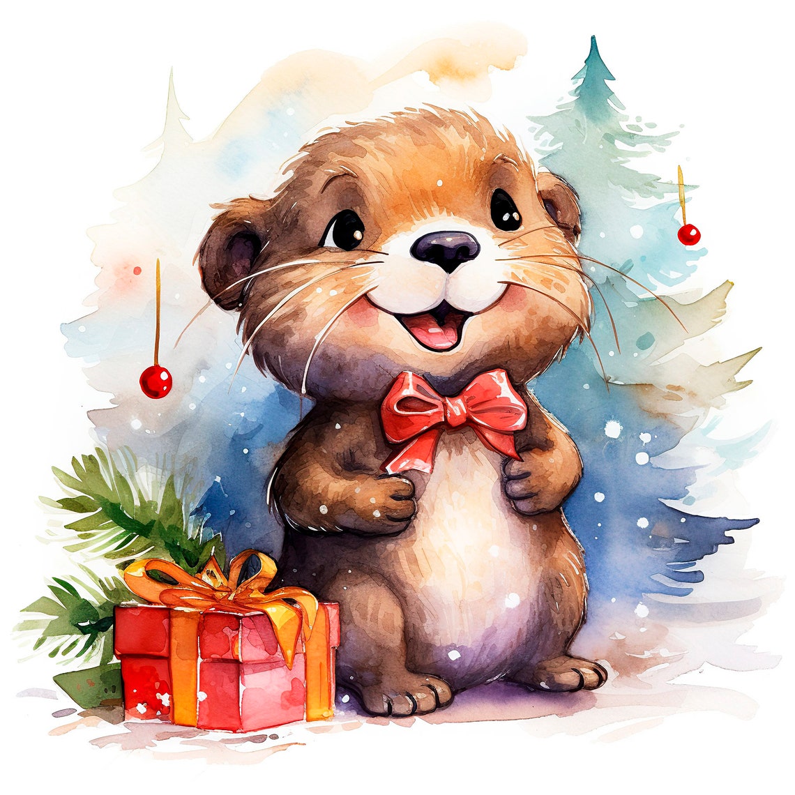 19 JPG Christmas Otter, Watercolour Christmas Clipart, Winter Clipart ...